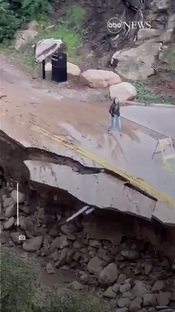 Footage captures the terrifying moment a chunk of road collapsed after heavy rains in Montecito ...