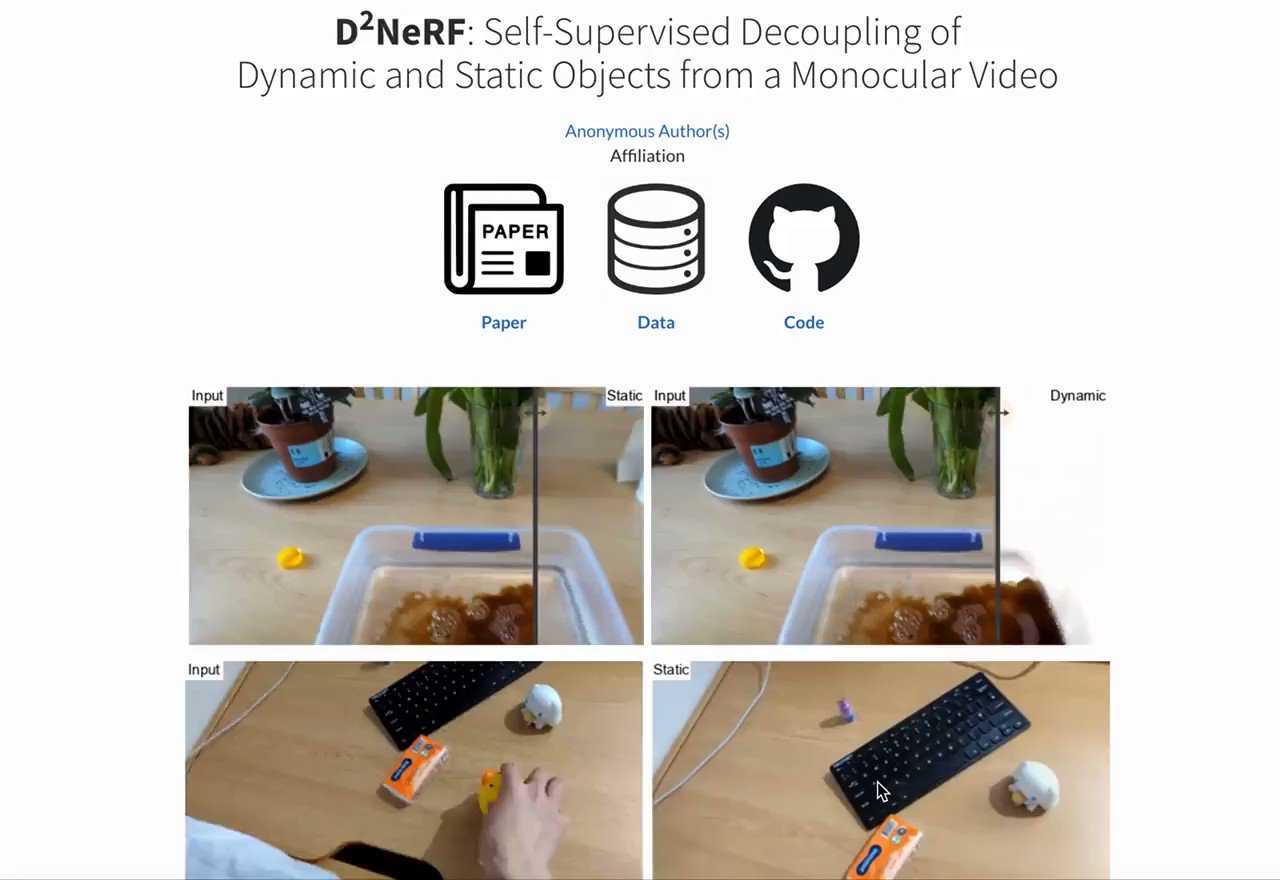 AK on Twitter: "D2NeRF: Self-Supervised Decoupling of Dynamic and Static Objects from a ...