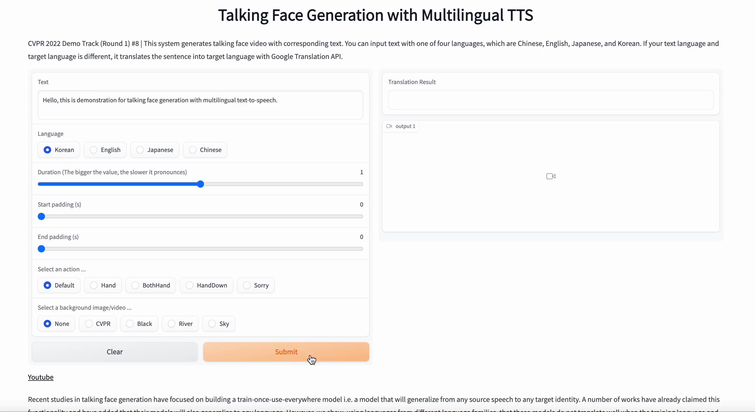 AK on Twitter: "a @Gradio Demo for Talking Face Generation with Multilingual TTS @CVPR 2022 Demo ...
