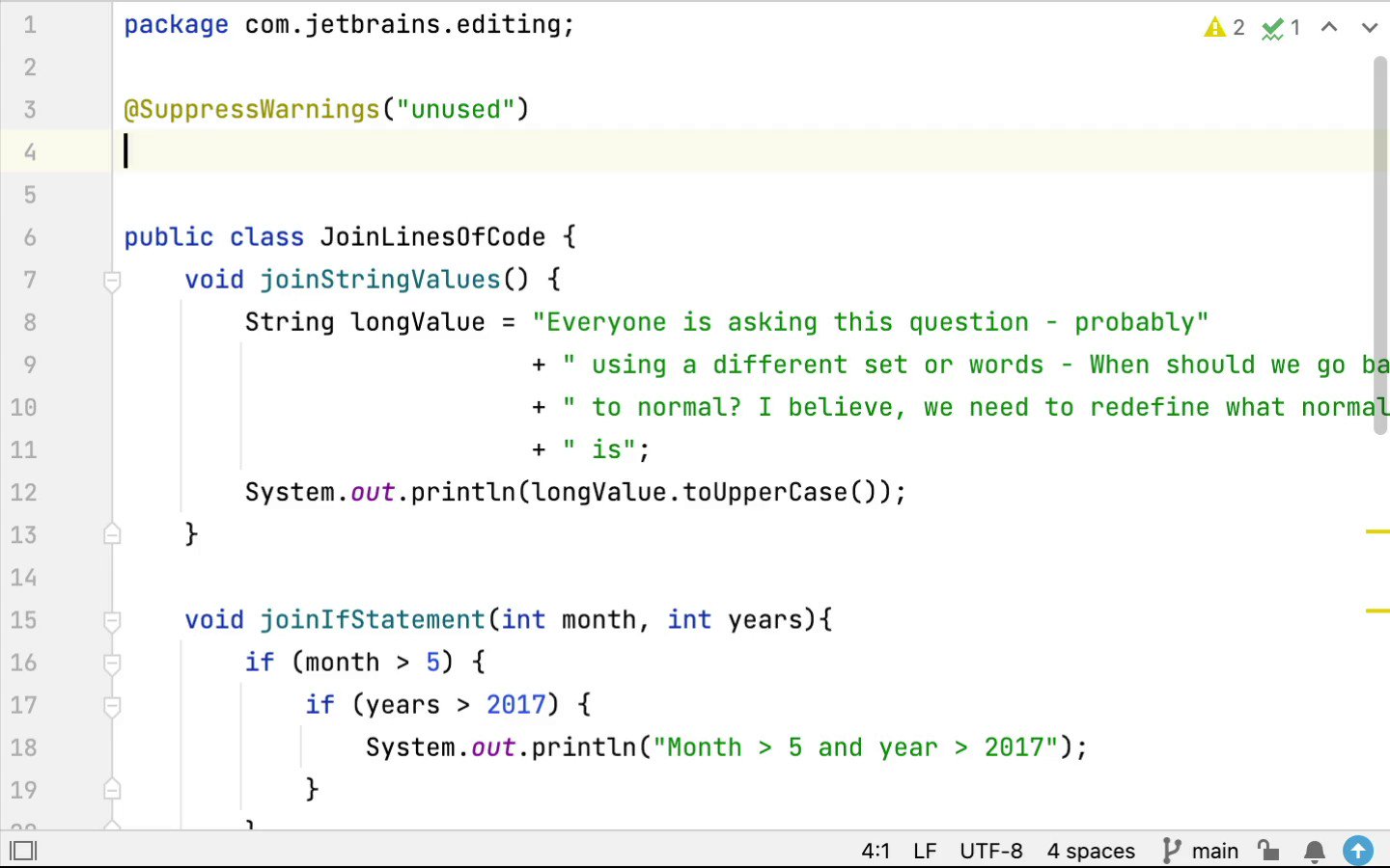 JetBrains IntelliJ IDEA on Twitter: "Use Join Lines to concatenate String values, combine if ...