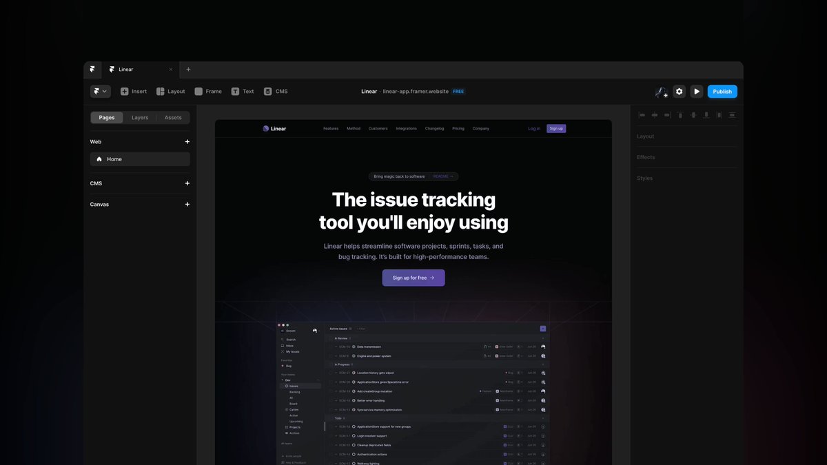 traf on Twitter: "I rebuilt @linear's landing page in @framer rt for a video walkthrough"