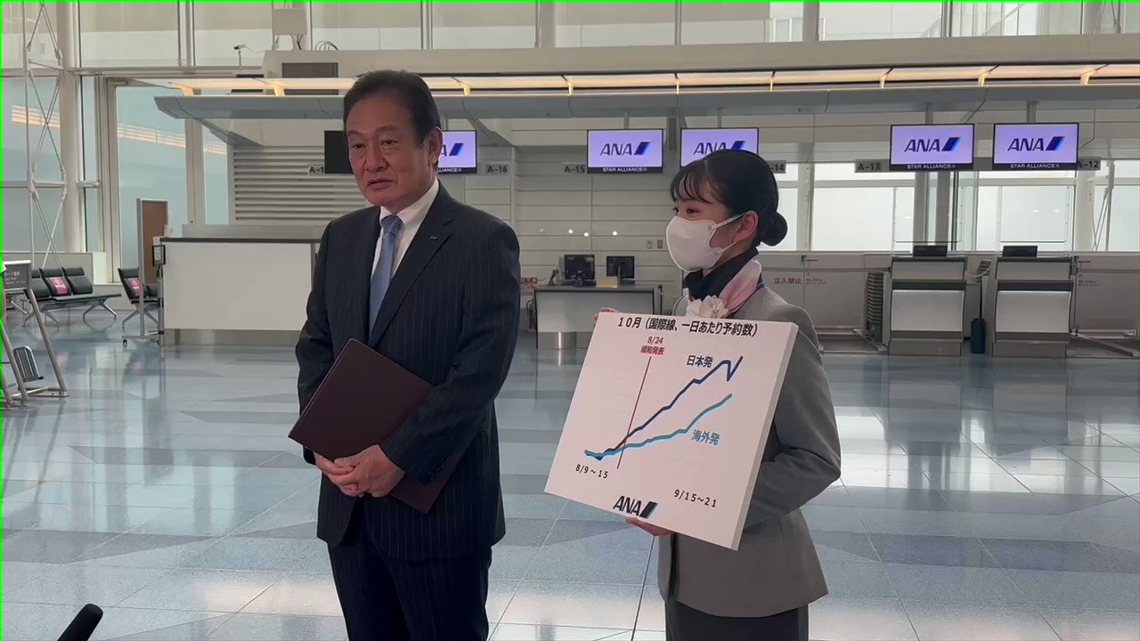 鳥海高太朗 On Twitter 今朝は羽田空港第3ターミナルでanaの井上慎一社長が取材に応じ、10月の国際線については1日あたりの予約