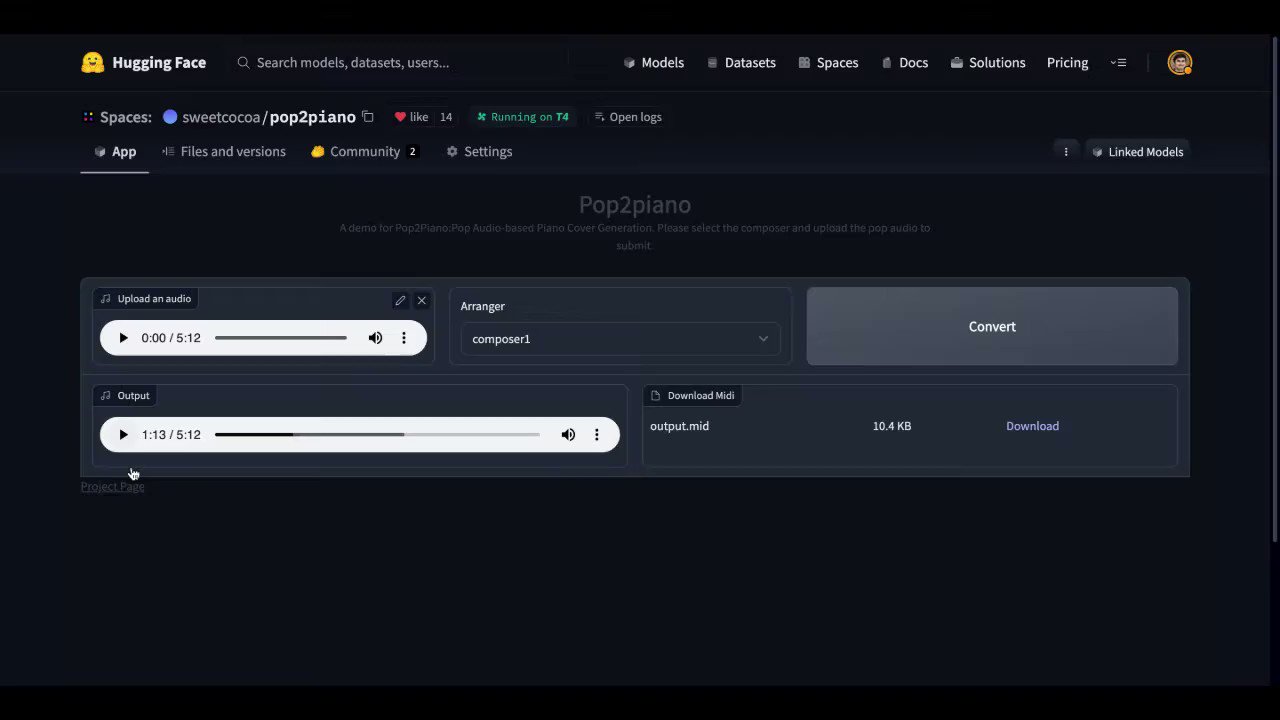 AK on Twitter: "Pop2Piano : Pop Audio-Based Piano Cover Generation @Gradio Demo now with gpu on ...