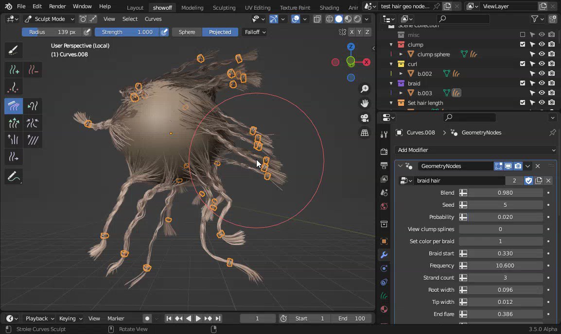 Daniel Bystedt 🔶 on Twitter: "Braid hair Working on procedural hair nodes for Blender with # ...