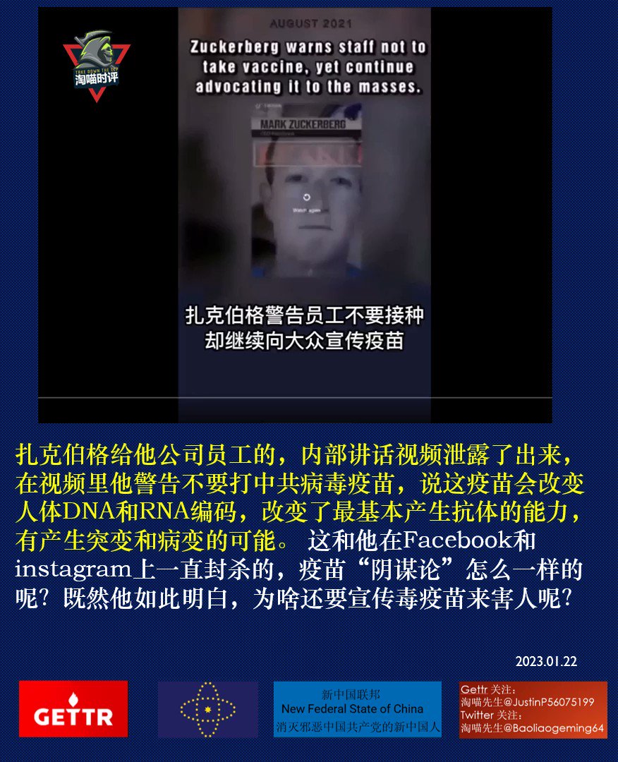 淘喵先生 On Twitter 扎克伯格给他公司员工的内部讲话视频泄露了出来,在视频里他警告不要打中共病毒疫苗,说这疫苗会改变人体dna和