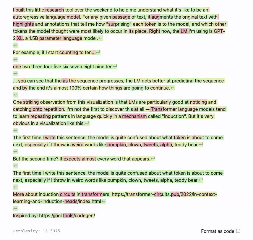 Linus on Twitter: "Built a token-wise likelihood visualizer for GPT-2 over the weekend. There ...