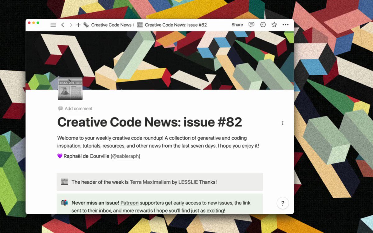 Raphaël de Courville (he/him) 𓅬 on Twitter: "Creative Code News #82 is out now! Your weekly dose ...