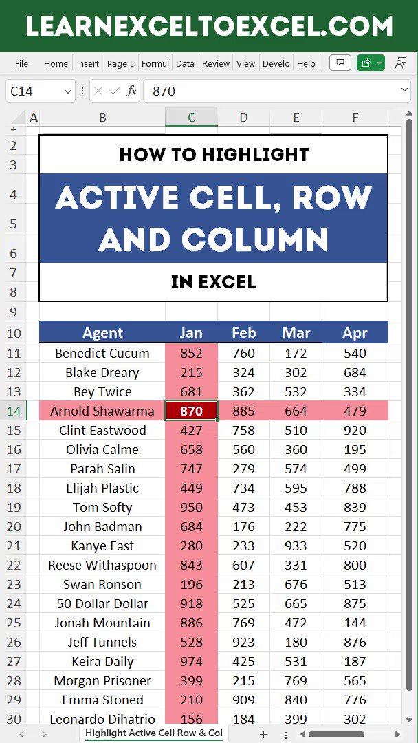 Learn Excel To Excel On Twitter Highlight Active Cell Row And Column In Excel Subscribe For