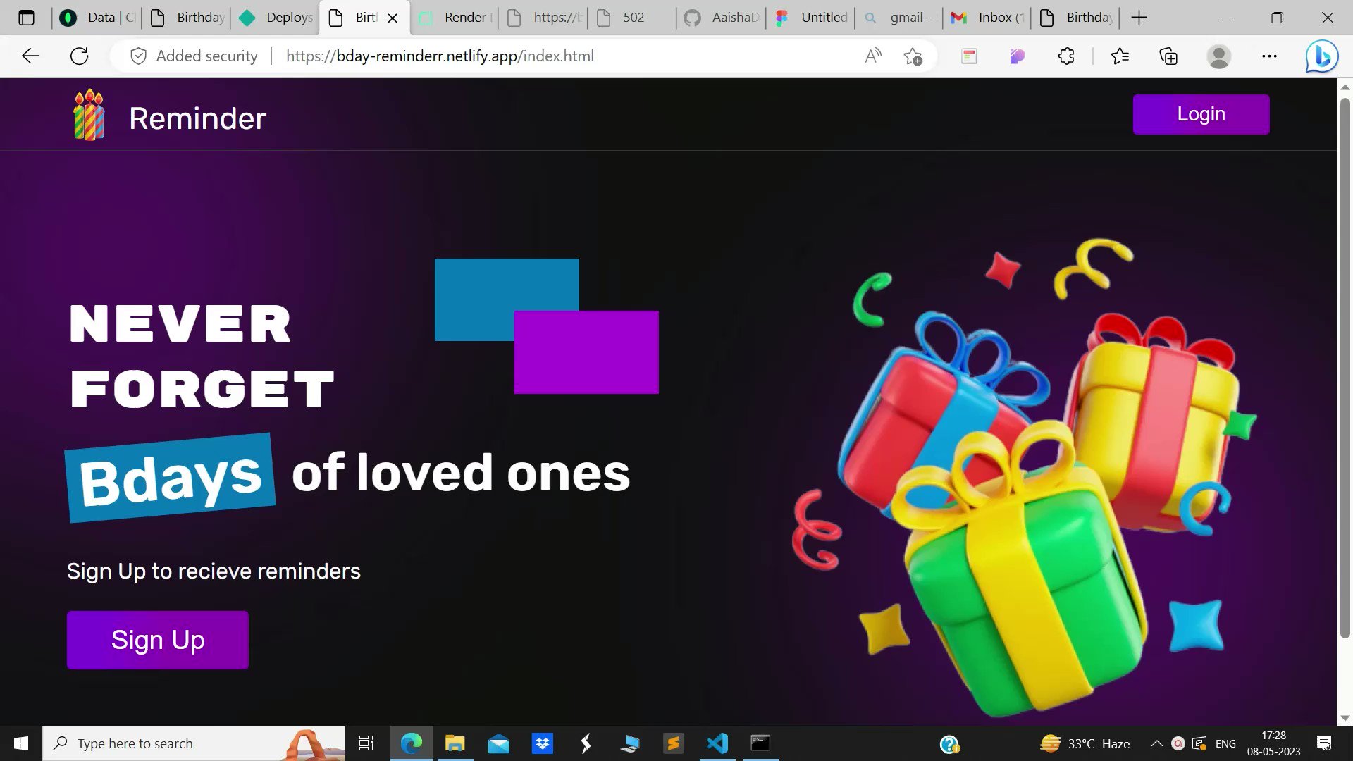 Aaisha on Twitter: "Day 47 / #100DaysOfCode Finallyyy! Completed birthday reminder web app after ...