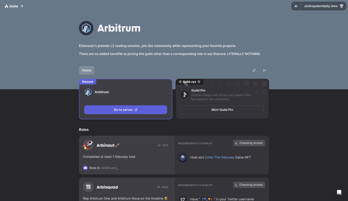 🪂Airdrop Alert Daily (YouTube Channel)🦇🔊 on Twitter: "‌ Mint #Arbitrum#Guild Pin | #Arbitrum ...