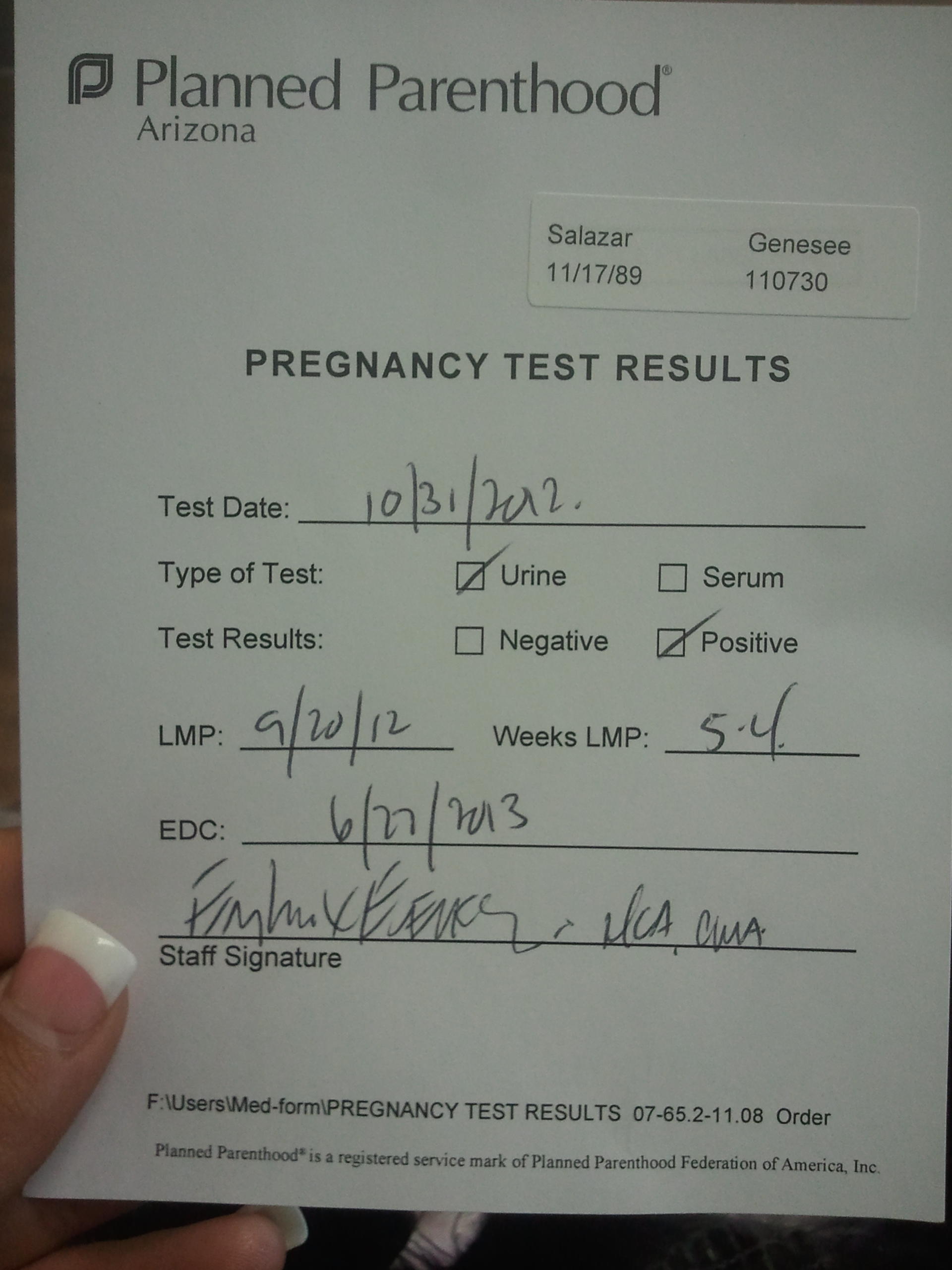 Positive Pregnancy Test Results Document Positive Pregnancy Test Results Document