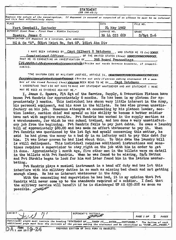 Jimi Hendrix Army Discharge Letter