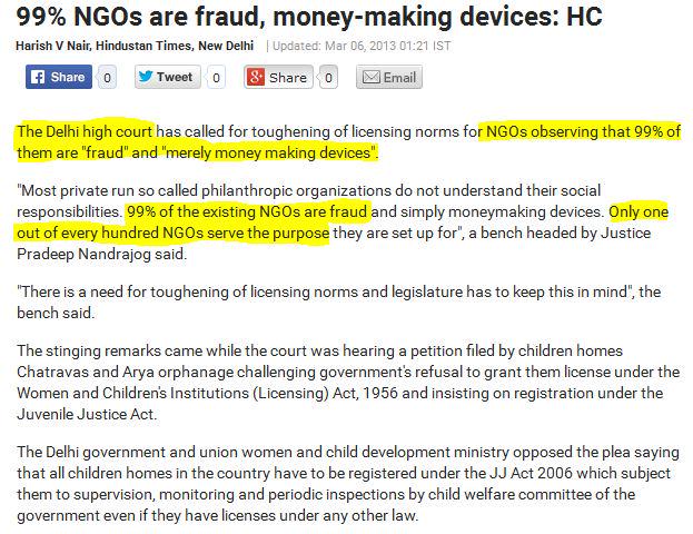 Anshul Saxena on Twitter: "99% NGOs are fraud and money-making devices: Delhi High Court http ...
