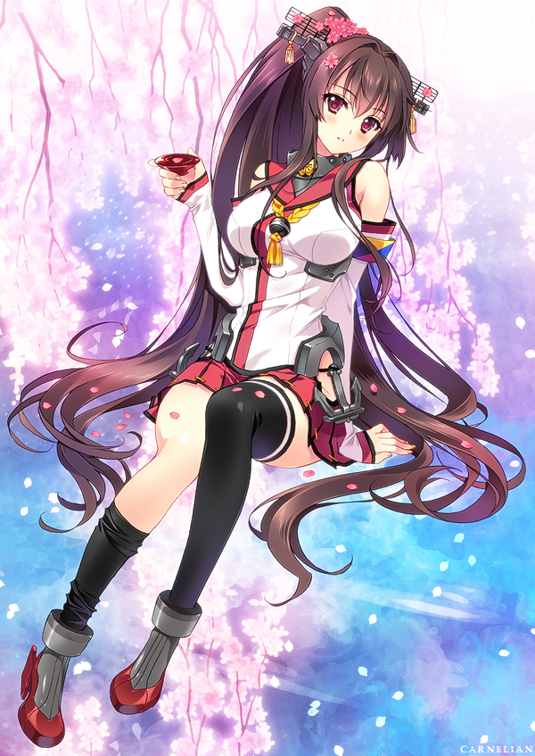 Safebooru 1girl Artist Name Brown Hair Bush Carnelian Cherry Blossoms