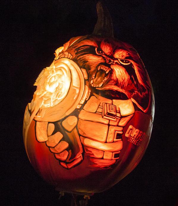 #gotg's rocket raccoon carved into a pumpkin, from a wild movie-themed ...