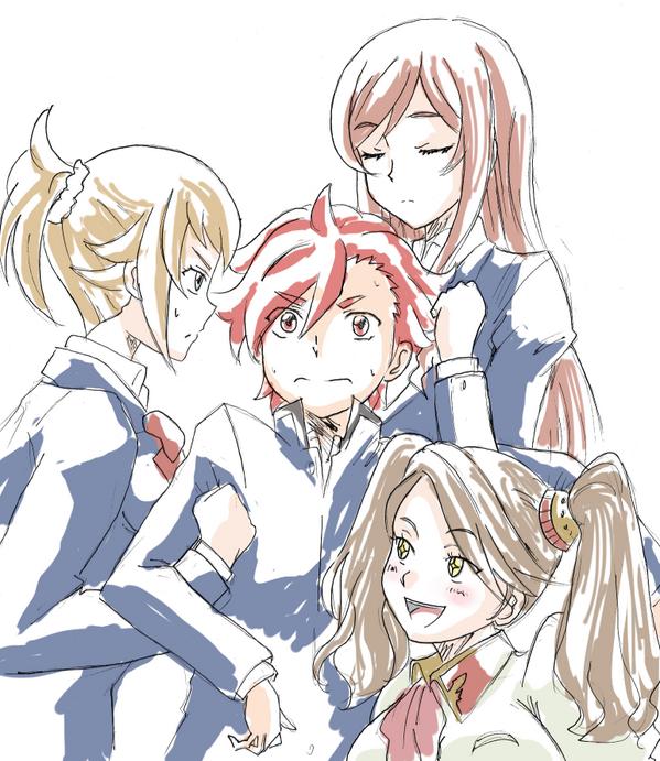 Safebooru - + + 1boy 3girls :d arudebido brown hair closed eyes gundam ...