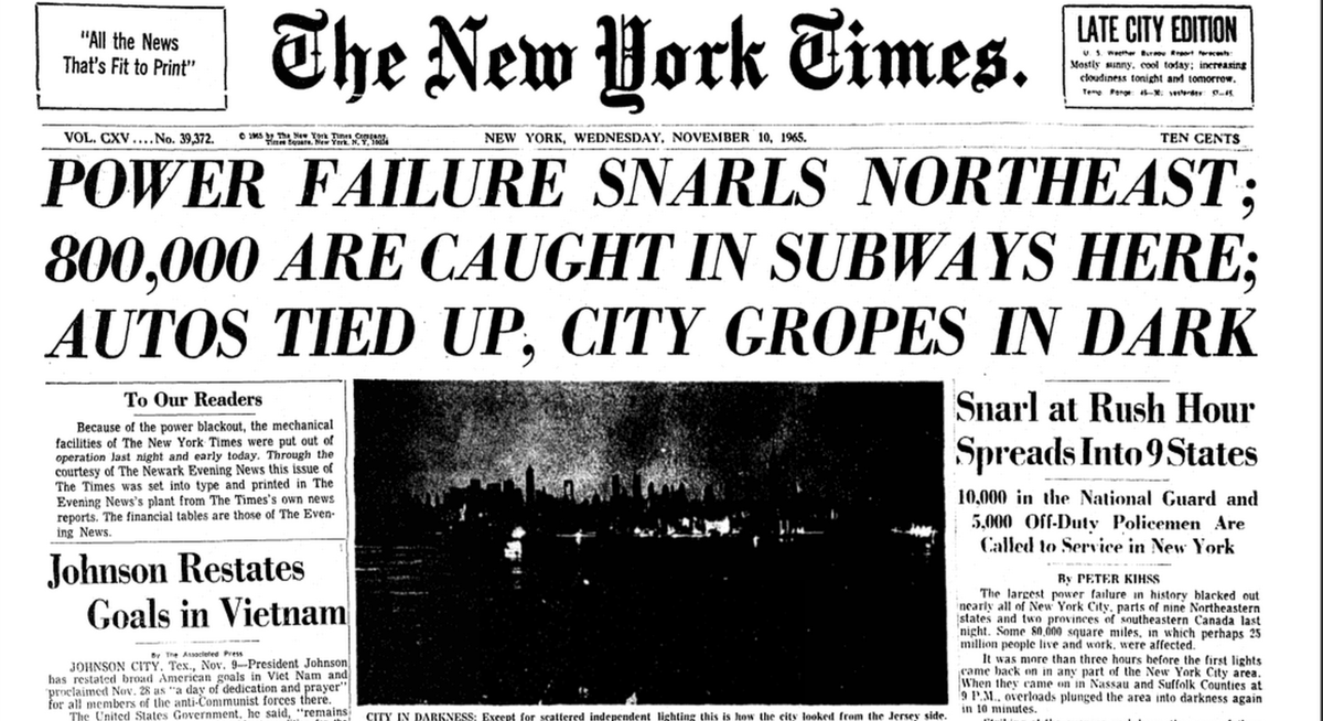 This day in 1965, due to blackout in NYC, 10-page Times was printed by ...