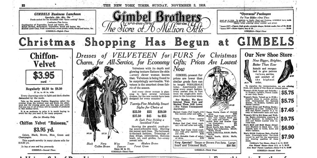 Too soon? Christmas shopping was underway at Gimbels on Nov. 3, 1918 ...
