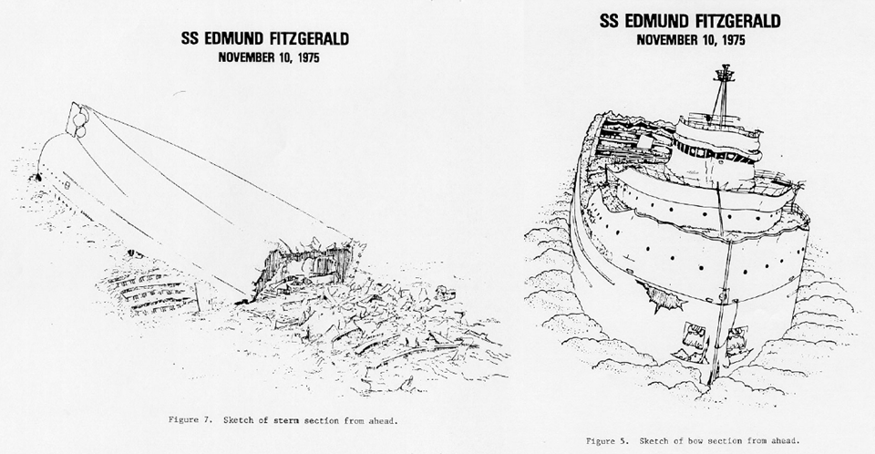 A closer sketch of the bow and stern of the edmund fitzgerald from the ...