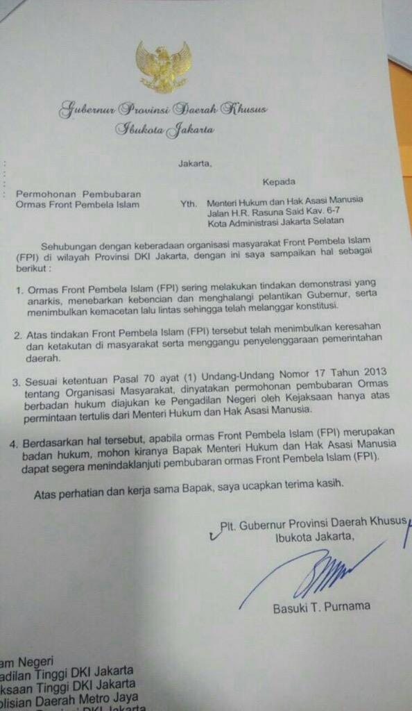 Surat permohonan pembubaran FPI by Ahok: Will it happen? : r/indonesia