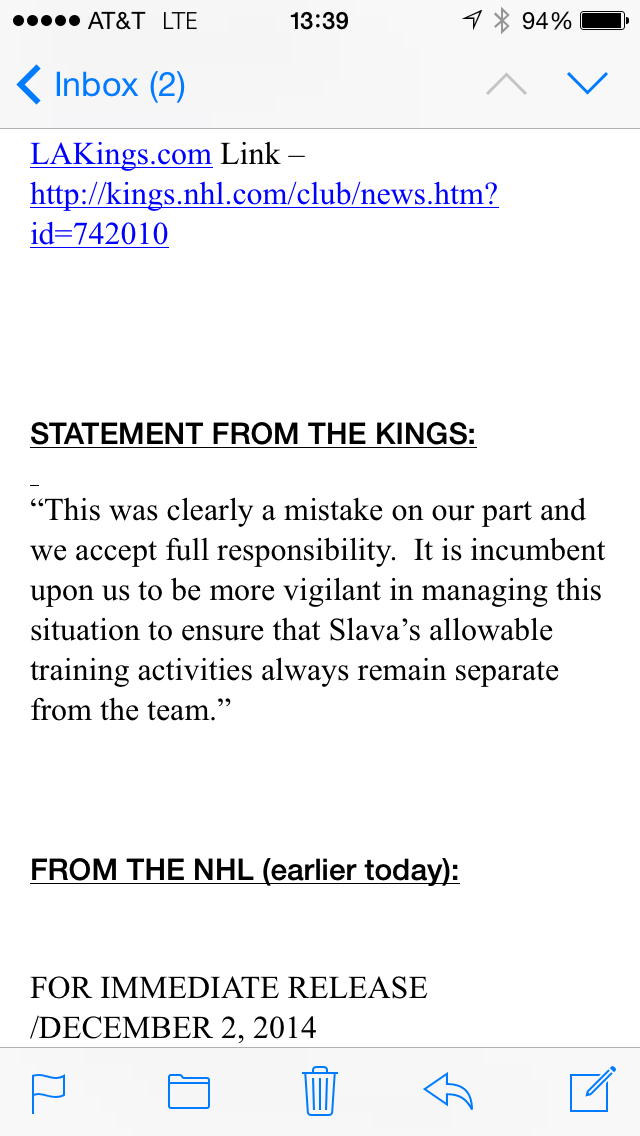 Greg Beacham on Twitter: "The LA Kings issue a mea culpa on Voynov: http://t.co/FP3Wt2Tgej"