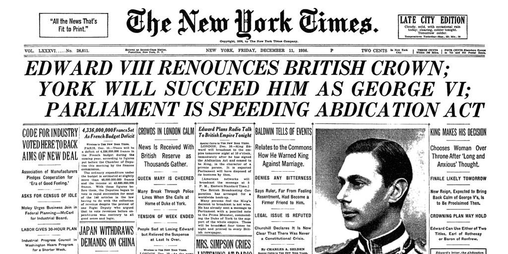 Edward viii abdicated the throne this day in 1936; news was “received ...