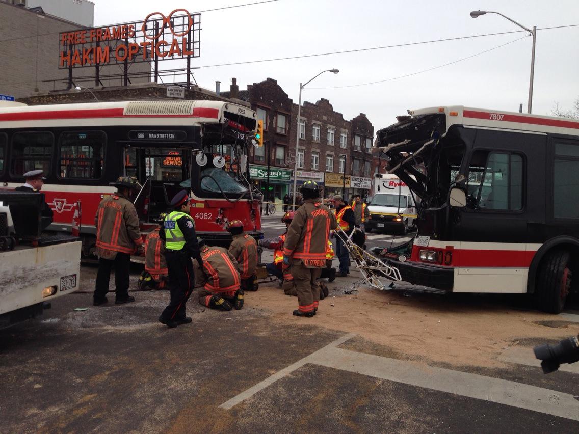 TTC streetcar 4602 (route 506) vs. TTC Orion VII bus head-on crash ...