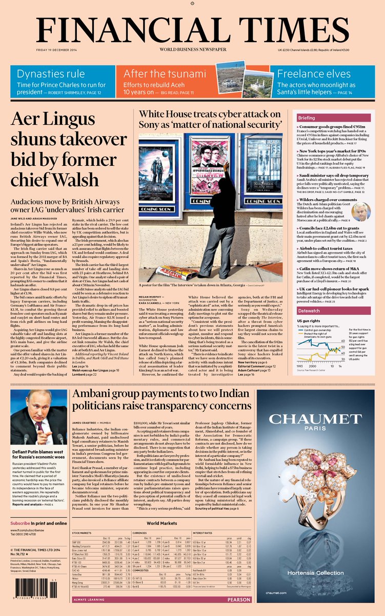 Financial Times UK edition front page, Friday 19 December 2014 ...