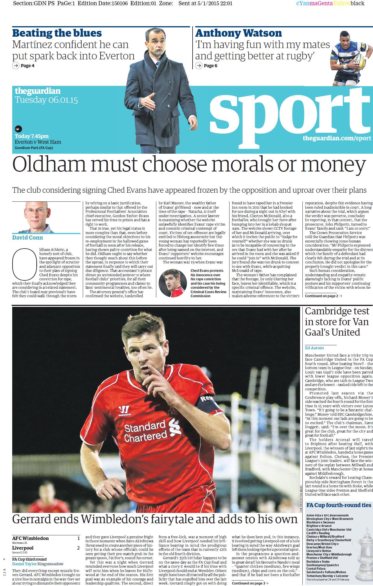 Fora-de-jogo: Guardian Sport: Oldham must choose morals or money