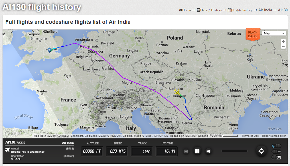 Air India AI130 (B787) from London to Mumbai diverted to Budapest ...