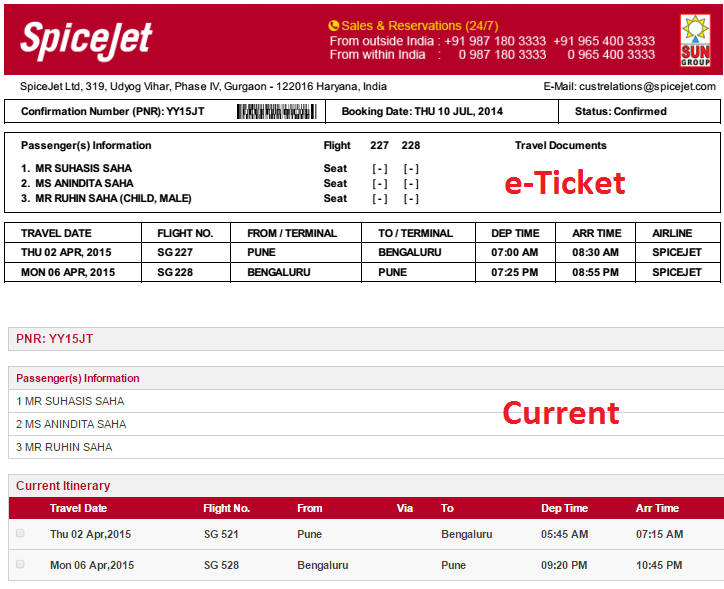 Spicejet Air Ticket Sample