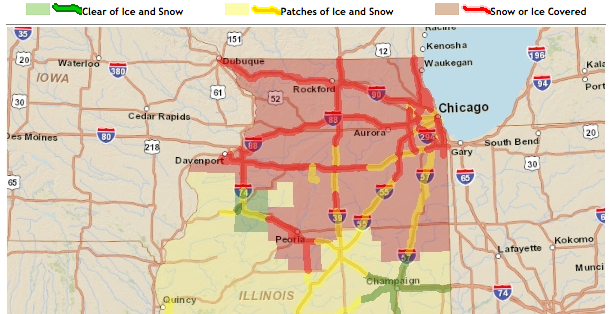 Map: 1:10 pm CT: Map showing mostly poor road conditions across northern...