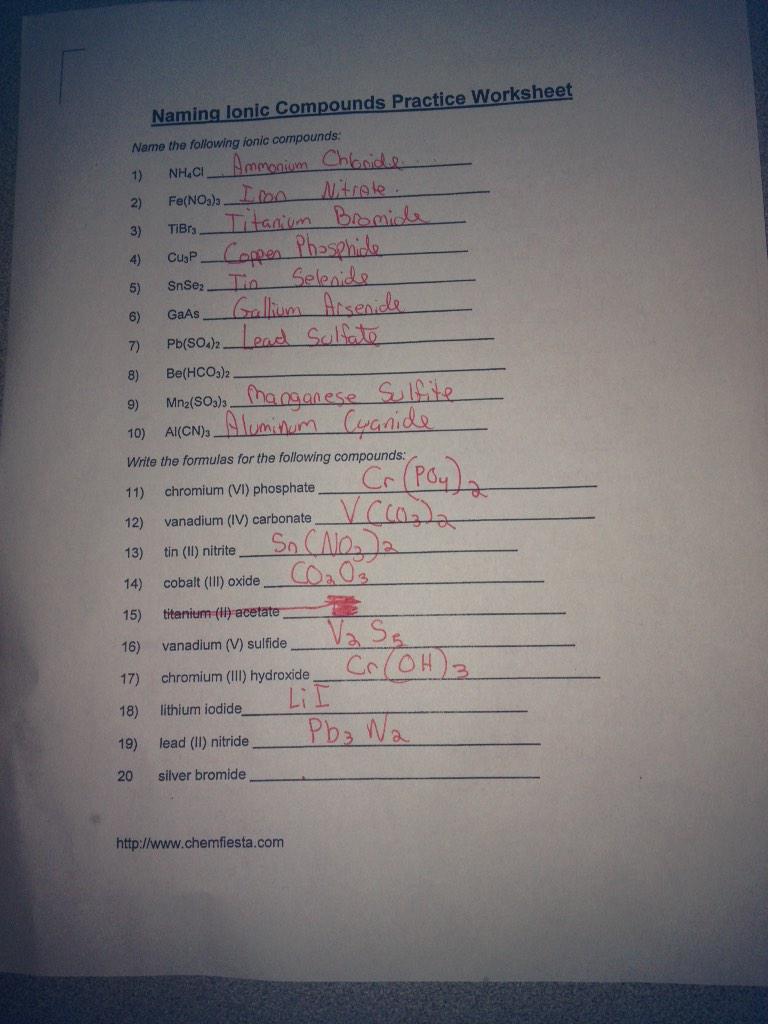 Naming Ionic Compounds Practice Worksheet Answers