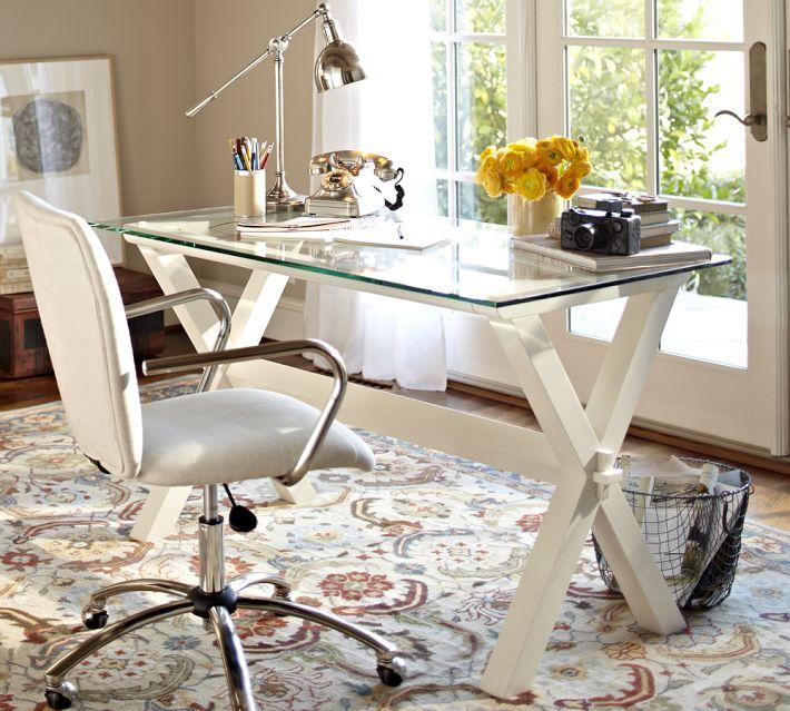 Pottery Barn X Style tip Create the illusion of a grand space even in a small room. Choose a desk with a glass top. http t 8567qXpa X