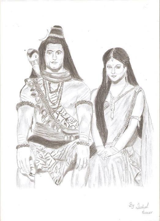 Pencil Sketch Of Lord Shiv And Mata Parvati, 41% OFF