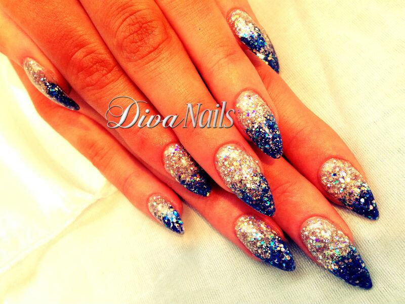 Silver And Blue Glitter Acrylic Nails