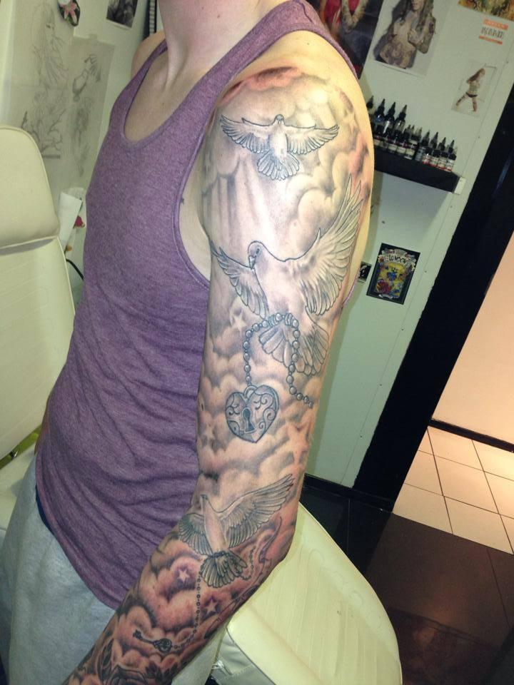 Angel Sleeve Tattoo With Clouds