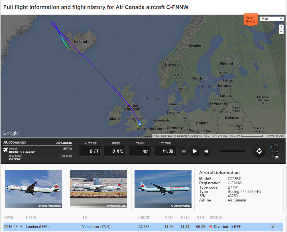 Air Canada flight AC855 from London to Vancouver diverted to Keflavik ...