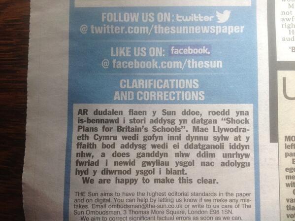Sun newspaper publishes Welsh correction over education story - ITV News