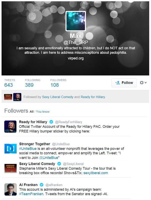Hillary Clinton PAC, Al Franken follow Virtuous Pedophiles