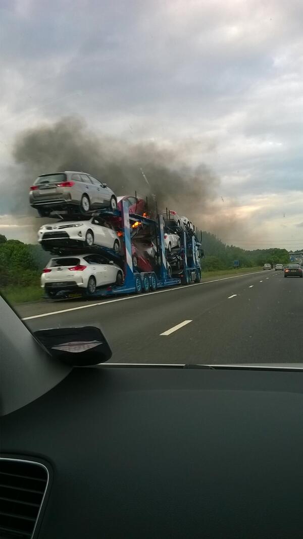 Road reopened after car transporter fire | Calendar - ITV News Road reopened after car transporter fire | Calendar - ITV News