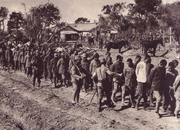 Chinese pows being led away by the japanese. an awful fate awaits them ...