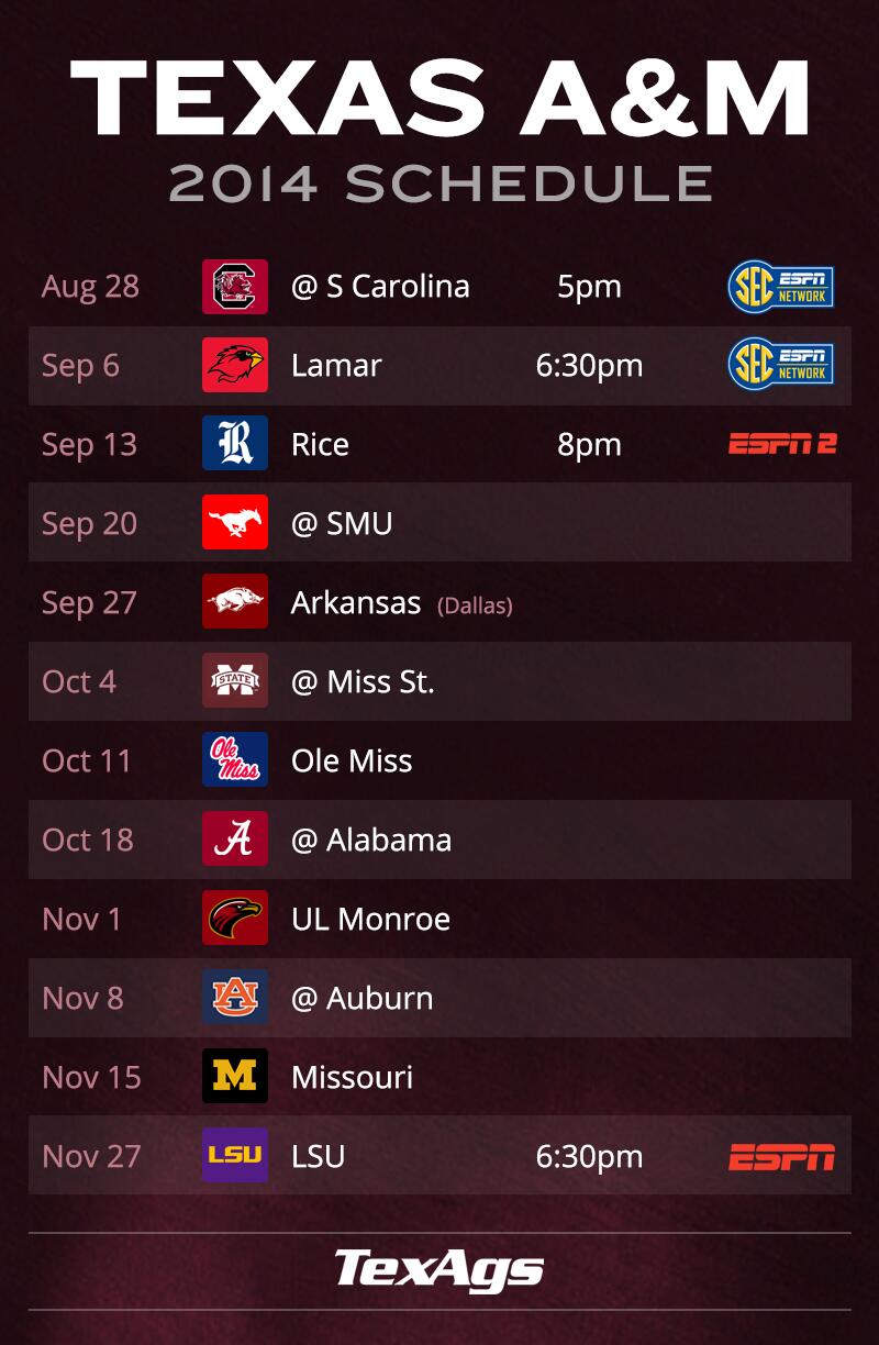 TexAgs on X Here s your current 2014 Texas A M Football schedule in handy chart form. http t z1GjDbu7mw X