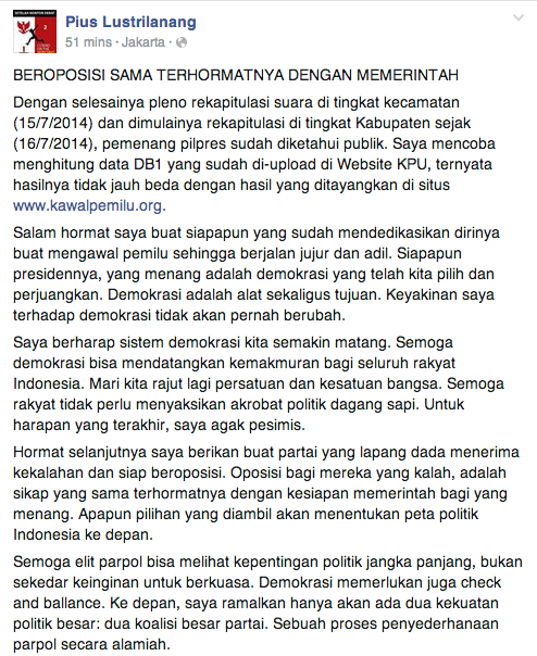 [gentlemen] Pengakuan Kemenangan Jokowi-JK oleh Pius Lustrilanang | KASKUS