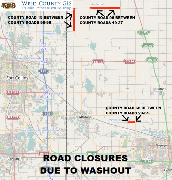 Current road closures due to washout from heavy rainfall in Weld County ...