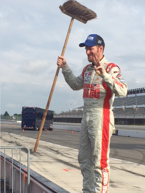 Dale Earnhardt Jr. in victory lane holds up a broom for his Pocono ...