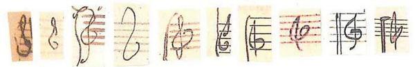Treble clefs by (L-R) Bach, Haydn, Mozart, Beethoven, Schubert ...