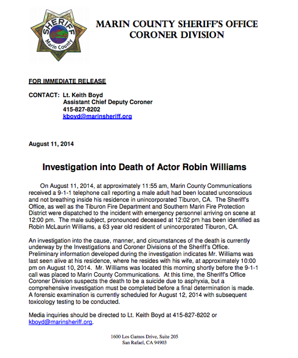 MORE: Coroner’s note on death of Robin Williams: Storyful | Yahoo News ...