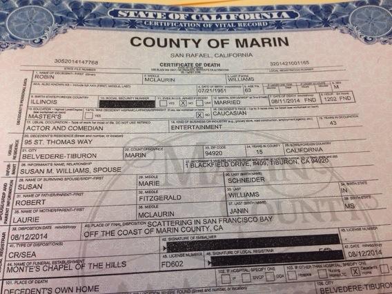 Robin Williams Death Certificate Robin Williams: 2014 Rolling Stone