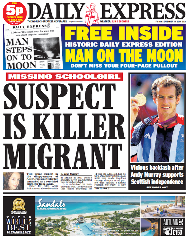 DAILY EXPRESS FRONT PAGE: 'Suspect is killer migrant' skypapers | Sky ...